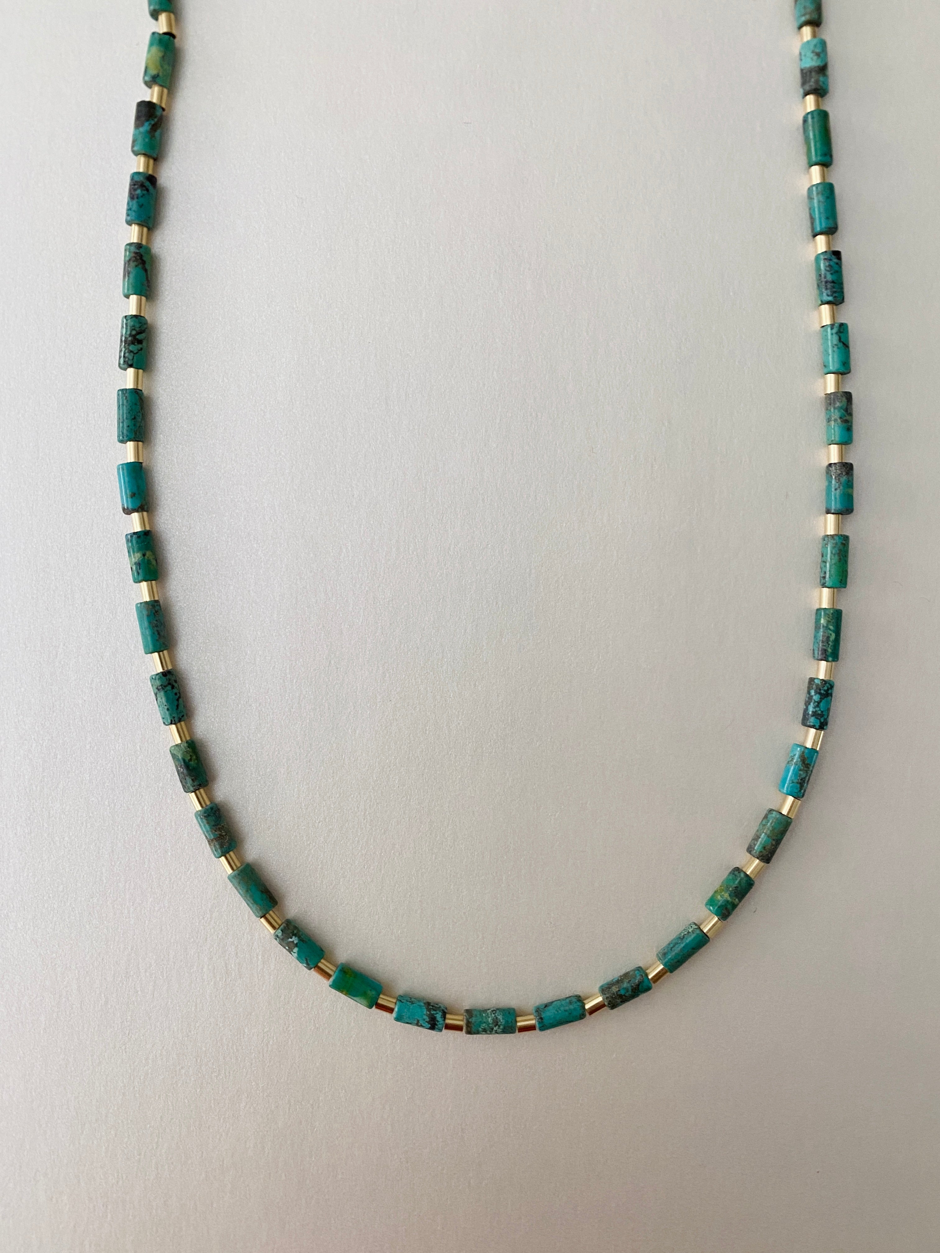 TURQUOISE & GOLD TUBE BEAD NECKLACE – By Helen P